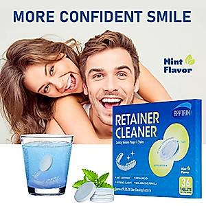 APPTRIN Retainer Cleaner Tablets Denture Cleansing Tablets for Night & Mouth Guard, False Teeth Cleaning, Removes Odors Stains Plaque Mint Flaver (White 36Pcs)