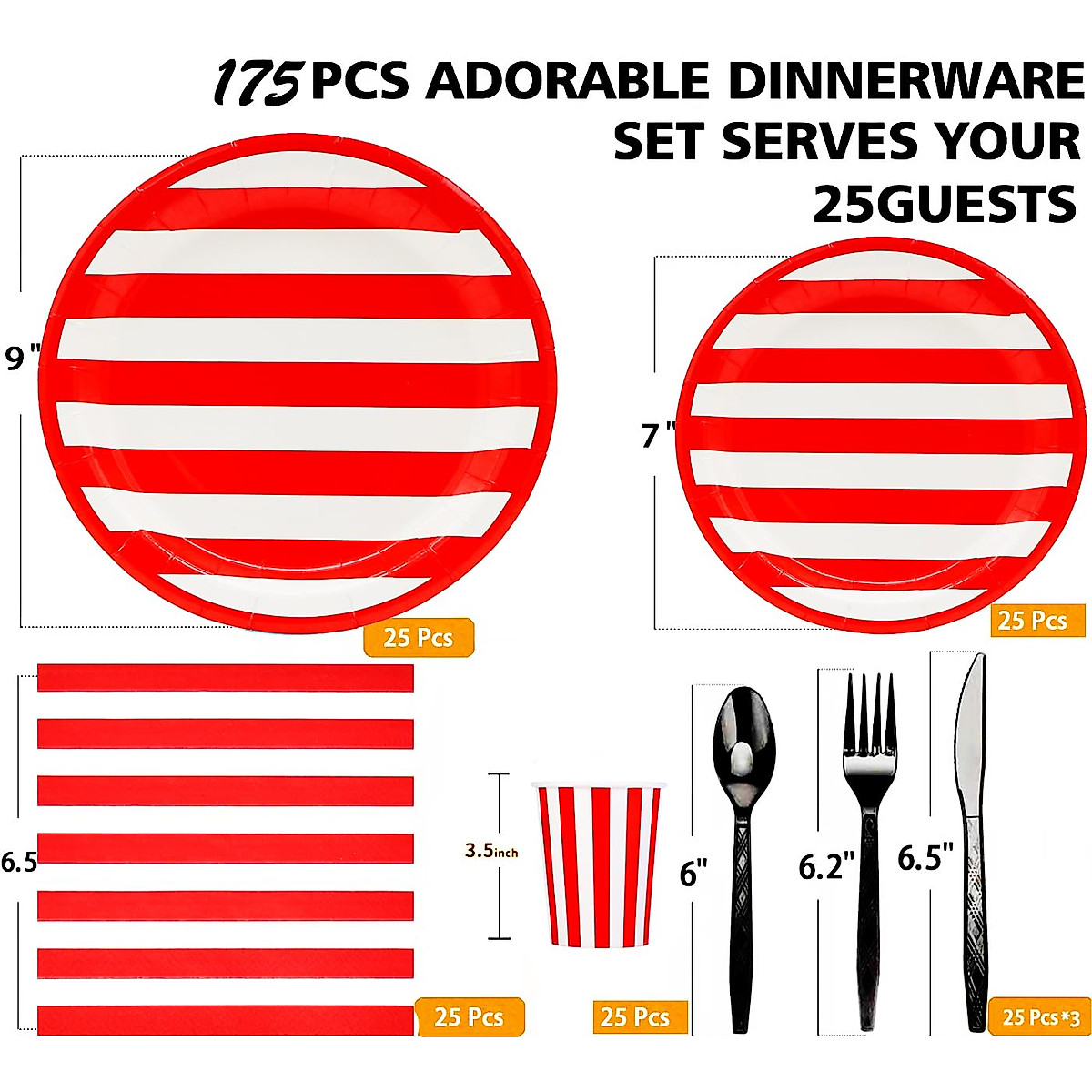175Pcs Red and White Stripes Party Supplies Set 9"Red and White Striped Plates7"Red carnival Plates Napkins Cup Knive Fork Spoon for Striped Carnival Party Picnic BBQ Birthday Party Decor Serve25