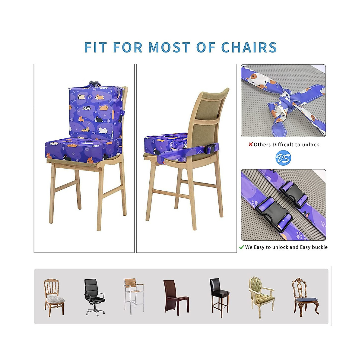 Toddler Booster Seat for Dining Table, KIDUN Portable Dining Chair Heightening Cushion, Washable Adjustable Booster Chair Increasing Cushion for Kids with Safety Buckles and Non-Slip. (Purple)