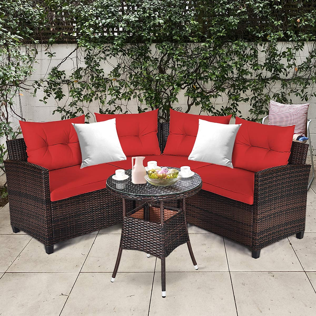 Tangkula 4-Piece Patio Furniture Set, C-Shape Outdoor Wicker Sectional Sofa Set, w/Cushions & Glass Coffee Table, Modern Deck Rattan Furniture for Garden Poolside Balcony (Red)