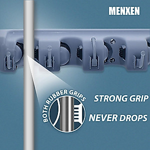MENXEN Mop and Broom Holder, Wall Mount Garden Tool Organizer, Home Organization Rack and Garage Organizer, 5 Position with 6 Hooks (Grey)