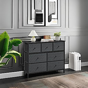 SONGMICS Dresser for Bedroom, Chest of Drawers, Closet Organizer and Storage Cabinet with 7 Fabric Drawers, Metal Frame, Ebony Black and Ink Black ULTS117B01