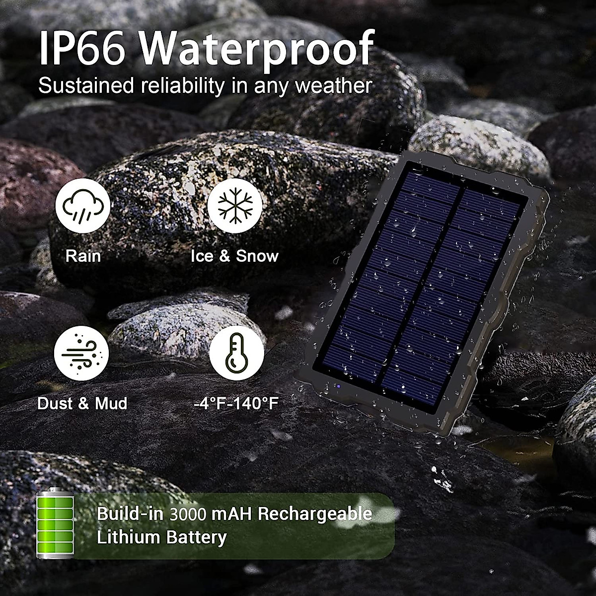 Trail Camera Solar Panel, SUNTEKCAM Solar Battery Charger Kit 12V/1A 6V/2A with Build-in 3000mAH Rechargeable Lithium Battery IP66 Waterproof Hunting Accessory
