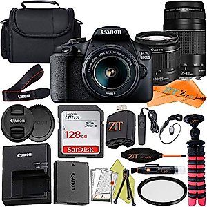 Canon EOS 2000D (Rebel T7) Digital SLR Camera 24.1MP Sensor with EF-S 18-55mm & 75-300mm Lens + ZeeTech Accessory Bundle for, SanDisk 128GB Memory Card, Case and Tripod (Renewed)