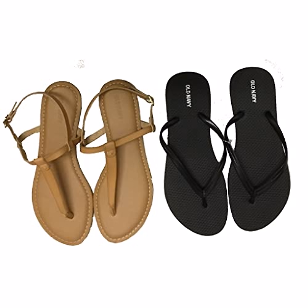 Old Navy ( 8 Faux-Leather Camel T-Strap Sandals & Black Flip Flops