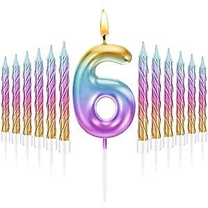 2.7 Inch Birthday Candles Rainbow Number Candle with 12 Pieces Numeral Rainbow Spiral Candle First One Year Candle for Baby Girl Boy Birthday Cake Topper Anniversary Wedding Party Decor (Number 6)