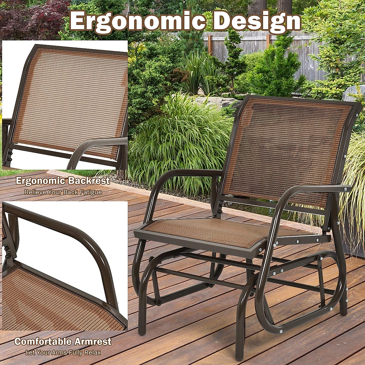 S AFSTAR Outdoor Patio Glider Chairs Set of 2, Porch Glider Swing with Breathable Mesh Fabric and Sturdy Steel Frame, Load Capacity 330LBS, Single Glider Chair for Outside Garden Backyard (Brown)