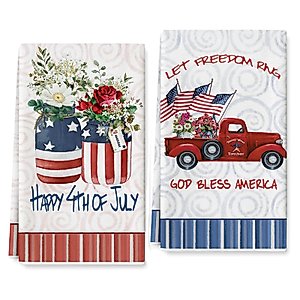 AnyDesign Happy 4th of July Kitchen Towel God Bless America Dish Towel 18 x 28in Patriotic American Flag Truck Flower Vase Hand Drying Tea Towel for Independence Day Memorial Day Cooking Baking, 2Pcs