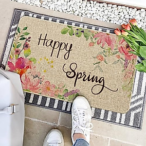 Artoid Mode Peony Flowers Happy Spring Doormat, Seasonal Home Decor Holiday Low-Profile Floor Mat Switch Mat for Indoor Outdoor 17 x 29 Inch