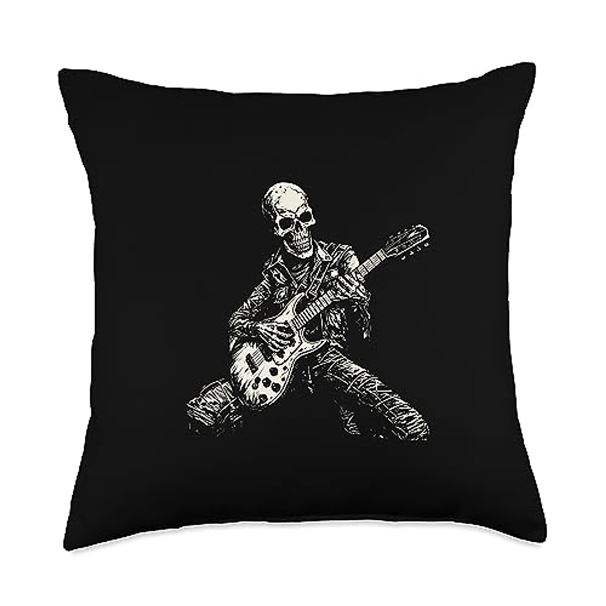 Halloween Skeleton Rock Star Guitar Skeleton Playing Bass Rock and Roll Throw Pillow, 18x18, Multicolor