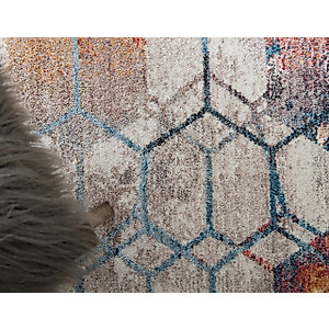 Unique Loom Rainbow Collection Geometric Abstract Trellis Modern Watercolor White Area Rug (7' 0 x 10' 0)