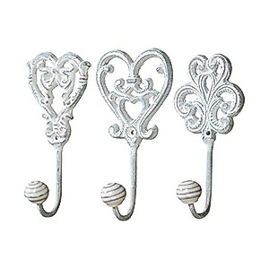 Romantic Chateaux Wall Hooks, Set of 3, Shabby French Country Style, Rustic White Finish, Cast Iron, Vintage Inspired, Striped Porcelain Caps, Each 2 3/4 L x 1 1/2 W x 5 1/2 H inches