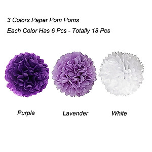 Tissue Paper Pom Poms, Recosis Paper Flower Ball for Birthday Party Wedding Baby Shower Bridal Shower Festival Decorations, 18 Pcs - Purple, Lavender and White