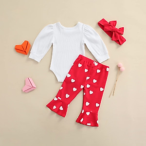 Sunwittafy Toddler Baby Girl Daddy's Little Valentine Clothes Letter Romper Puff Sleeve Romper Heart Print Flared Pants Headband