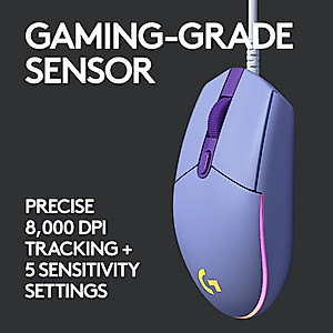 Logitech G203 Wired Gaming Mouse, 8,000 DPI, Rainbow Optical Effect LIGHTSYNC RGB, 6 Programmable Buttons, On-Board Memory, Screen Mapping, PC/Mac Computer and Laptop Compatible - Lilac