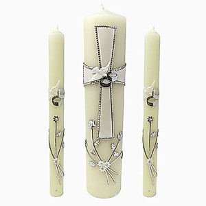 Unity Candle Set for Weddings, Centerpiece Wedding Candles with Silver Tone Accent Cross, Rings and Flowers, Religious Symbolic Marriage Ceremony Decorations, 3 Pack
