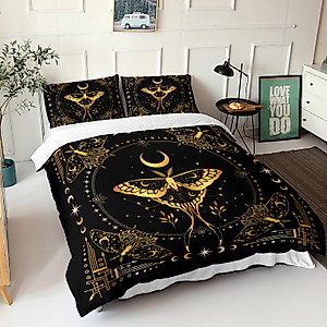 AILONEN Moth Duvet Cover Set Queen Size, Boho Sun and Moon Comforter Cover Set,Death Moth Duvet Cover with 2 Pillowcases, 3 Pieces