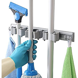 DrDirt Broom Holder Wall Mount with 3 Sliding Grippers and 4 Hooks, 13.4inch Heavy Duty Garden Tool Organizer Mop and Broom Holder for Home Kitchen Bathroom Laundry Room Closet Garden Garage, Gray