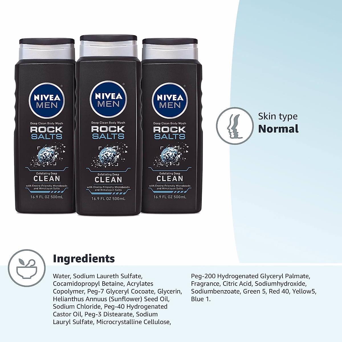 Nivea Men Deep Clean Rock Salts Body Wash with Scrub Particles and Natural Rock Salt, Exfoliating Body Wash for Men, Cleanses Without Drying Skin, 16.9 Fl Oz Bottle, Pack of 3