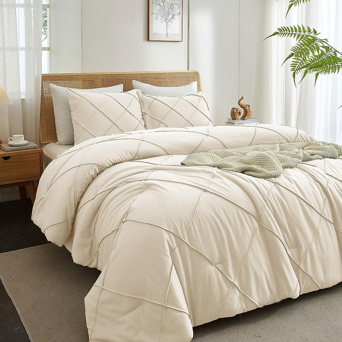 LifeTB Tufted Boho Comforter Set King Size Cream White Diamond Pattern Comforter Set Shabby Chic Bedding Jacquard Comforter Set Geometric Farmhouse Ivory Comforter with 2 Pillowcases All Season