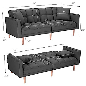SoarFlash Modern Upholstered Convertible Futon Sofa Bed, Mid-Century Fabric Multi-Function Loveseat Sofa Twith 3 Adjustable Backrests and 5 Solid Wooden Legs (Deep Grey)