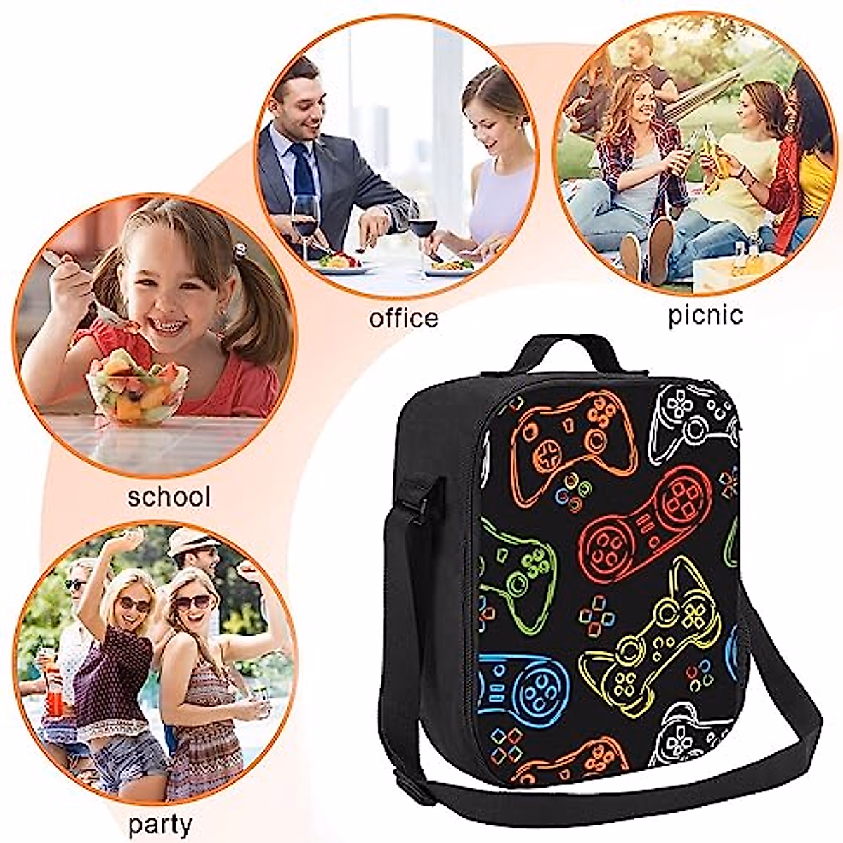 Wiqodme Colorful Joystick Game Controller Lunch Bag Insulated Lunch Box with Adjustable Shoulder Strap for Women Men Reusable Lunch Cooler Bag for Office Picnic
