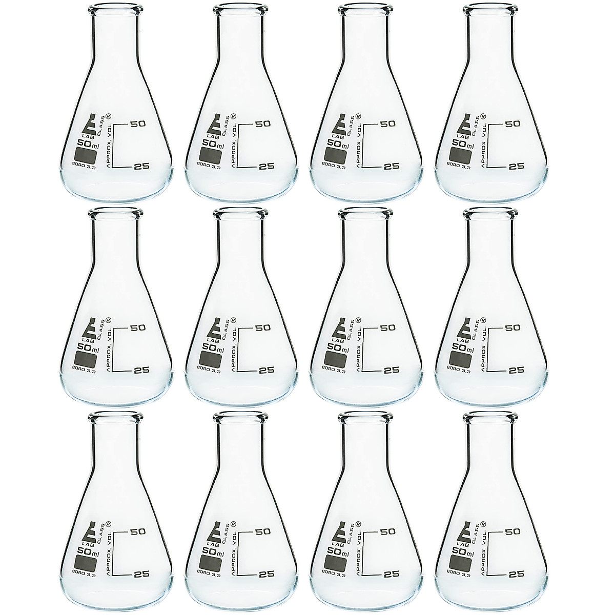 EISCO 12PK Erlenmeyer Flasks, 50mL - Borosilicate Glass - Narrow Neck Flasks, Conical Flasks, Glass Flasks
