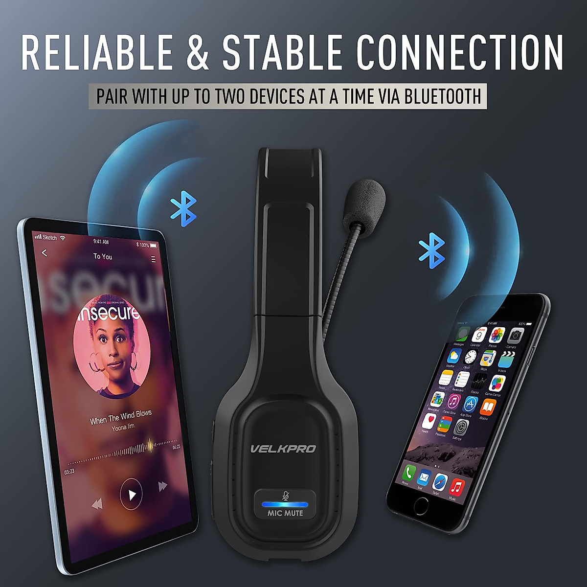 VELKPRO Wireless Headset with Microphone - Single-Ear Headphone, Adjustable Headband, Noise Isolation Mic - Communication for Truck Drivers, Home Office, Call Center