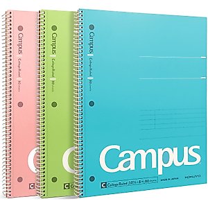 KOKUYO Spiral Notebook, 3 Pack Campus 10-1/2" x 8" Subject Notebooks with College Ruled, 80 Sheets, Pink Blue Green 3 Holes School Spiral Journal for Work Study Note Taking (WSG-SU-400G1×3)