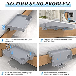 Ronlap Folding Bedside Shelf, Bunk Bed Shelf Organizer for Top Bunk Clip On Nightstand for Loft Bed Plastic Bedside Shelf Tray for Kids with Cupholder Hooks Hanging Cup, Small Size, Grey