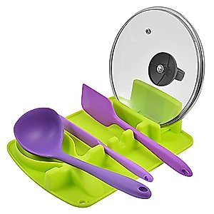 TATBOOMU Silicone Spoon Rest 3 in 1 Larger Size Silicone Spoon Holder for Stove Top,Upgraded Utensil Rest with Drip Pad for Multiple Utensils,Pot lid holder,Easy to Clean (Green)