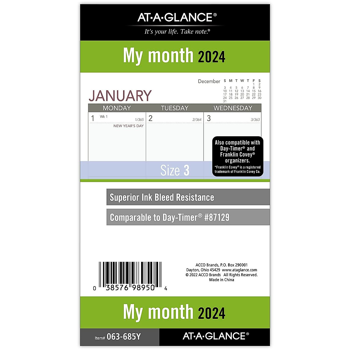 AT-A-GLANCE 2024 Monthly Planner Refill, 3-3/4" x 6-3/4", Portable Size, Loose-Leaf (063-685Y)