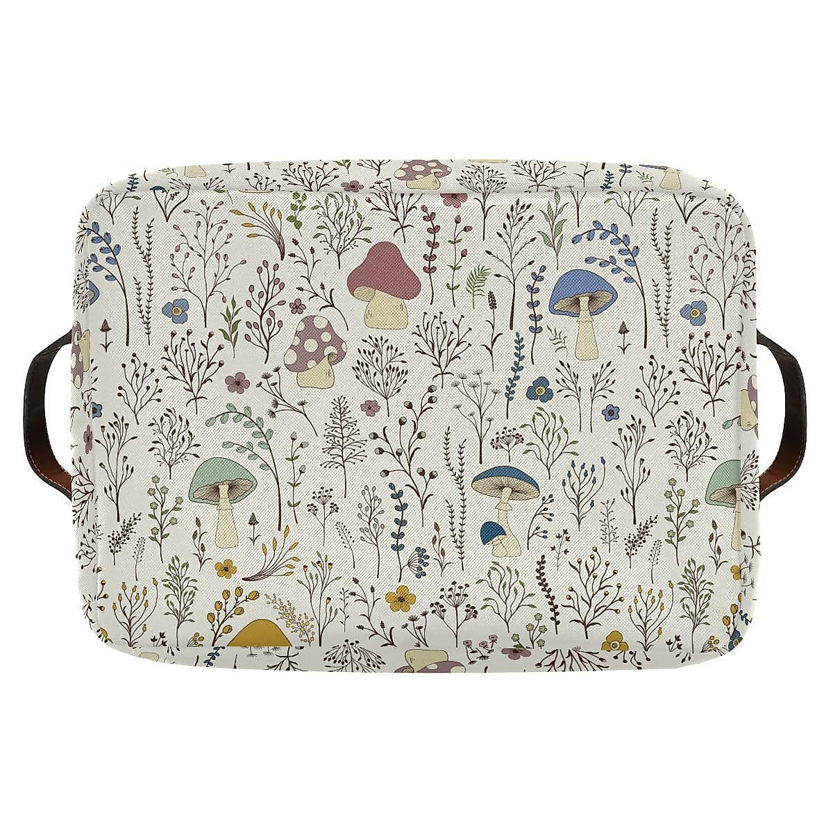 YEGAME Mushroom Storage Baskets Rectangular Storage Bin,Collapsible Canvas Shelves Storage Bins with Leather Handles for Shelves Home Closet Bedroom Living Room,1Pack