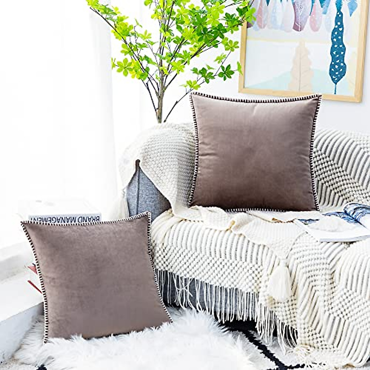 GAWAMAY Solid Soft Velvet Farmhouse Spring Pillow Covers 18x18 Set of 2,Decorative Green Throw Pillows with Chenille Edge,Square Boho Couch Pillows for Living Room Sofa Couch Beding(45x45cm) Green