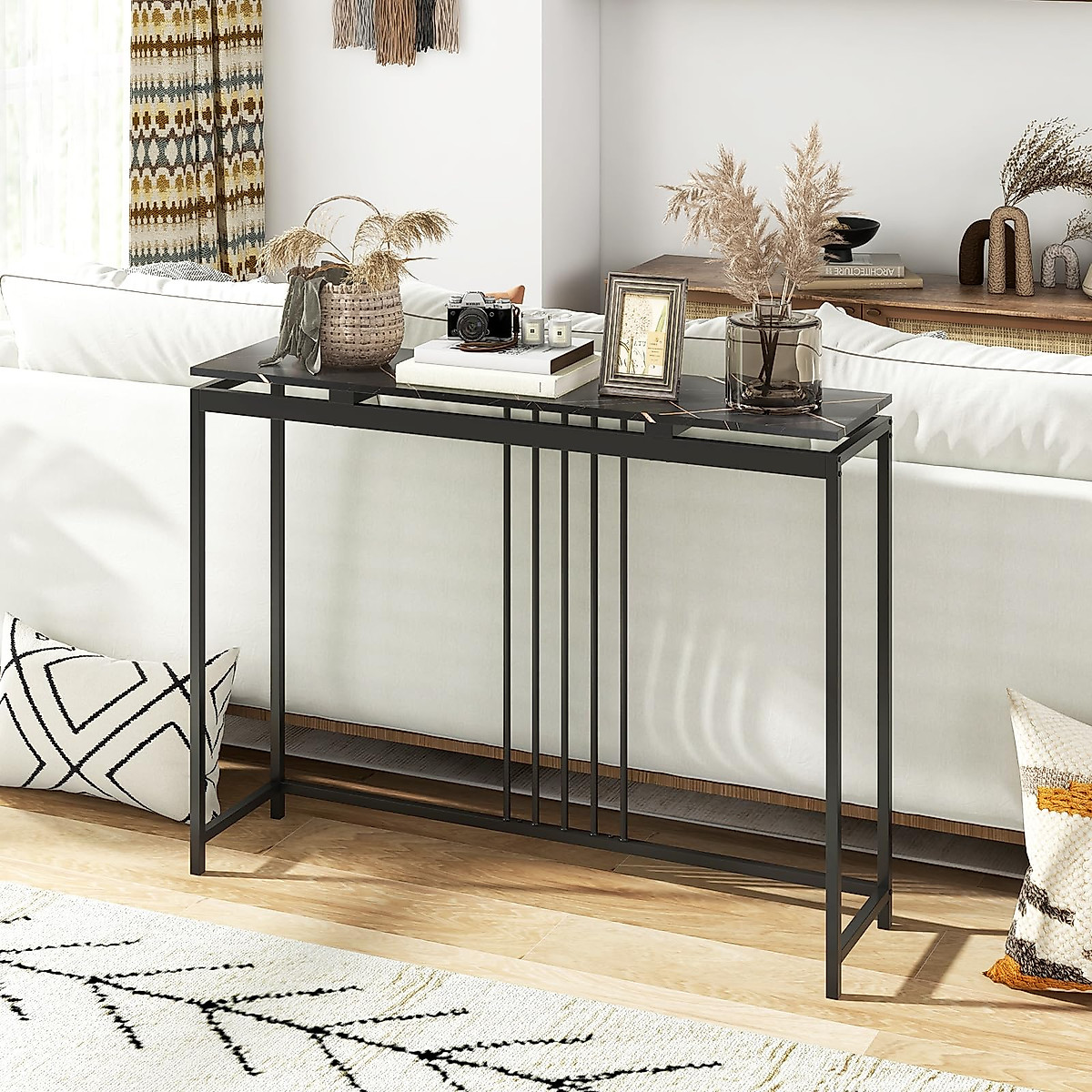 GOFLAME Narrow Console Table, 47” Sofa Tables Narrow Long with Faux Marble Tabletop & Metal Frame, Behind Couch Table, Entryway Table, Modern Foyer Tables for Entryway, Living Room, Black