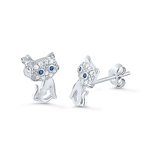 Rhodium Plated Sterling Silver Cubic Zirconia Cat Womens Earrings, Comes Gift Ready, Unique gifts for Women Tiny cartilage earrings Silver Second Tiny Studs for Girls - 9mm