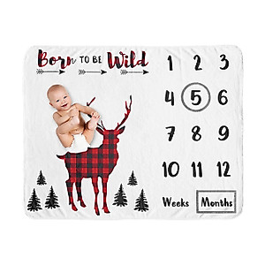 Sweet Jojo Designs Woodland Buffalo Plaid Boy Milestone Blanket Monthly Newborn First Year Growth Mat Baby Shower Memory Keepsake Gift Picture - Red Black Rustic Country Deer Lumberjack Arrow Forest