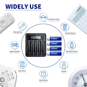 Doublepow AA Rechargeable Lithium Battery with LCD Battery Charger,3400mWh High Capacity Double A Li-ion Batteries with 4 Bay Battery Charger,4 Pack of 1.5V AA Lithium Battery