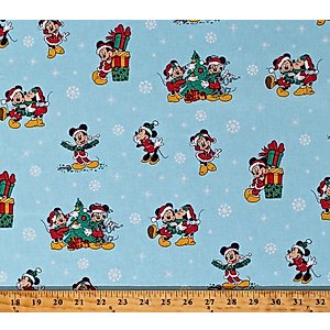 Fields tton Mickey and Minnie Mouse Christmas Tree Mickey and Friends Christmas Kids Blue tton Fabric Print by The Yard (D405.56), 44 Inches