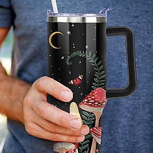 thmasamwr Mushroom Tumbler with Lid and Straw, Stainless Steel Mushroom 40oz Tumbler with Handle, Black Mushroom Travel Coffee Mug Mushroom Gifts Cups for Women and Men