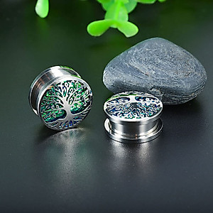 COOEAR Fake Opal Life Tree Gauges for Ears Silver Screw Back Upgrade Plugs and Tunnels Flesh Stretchers 0g to 1 Inch.