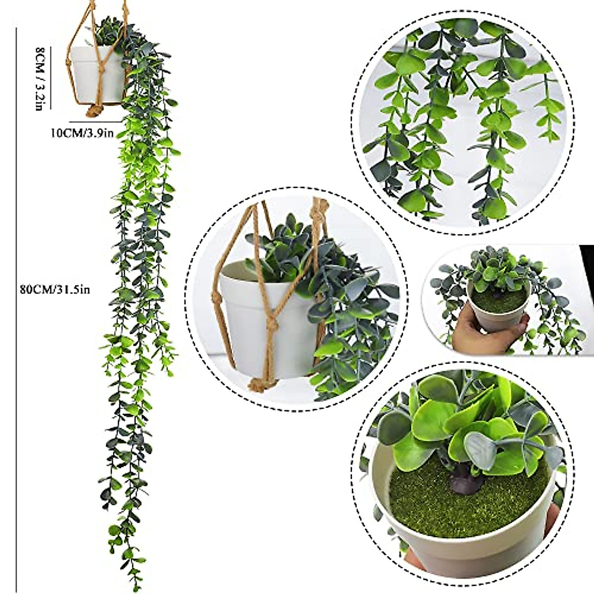 Oxsaytee 2 Pack Fake Hanging Plants with 2 Pcs Plant Hangers Fake Potted Plants for Wall House Home Office Room Patio Indoor Outdoor Aesthetic Decor