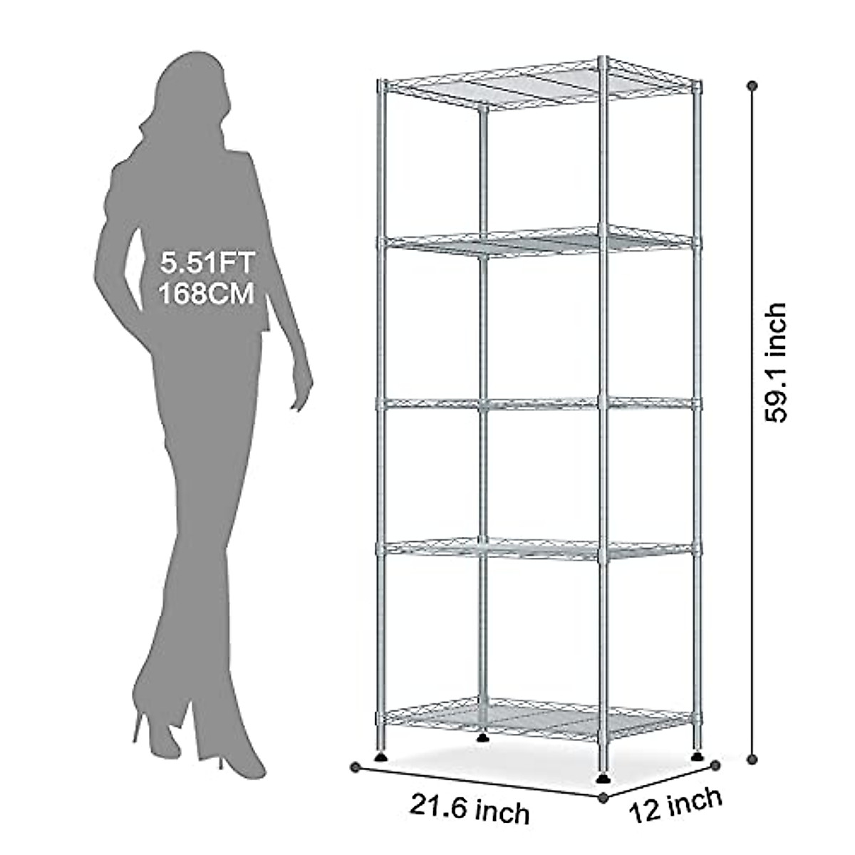 ZTBGY 5 Tier Storage Rack Adjustable Wire Shelving Unit Rack Shelf with Leveling Feet Steel Organizer Rack for Laundry Bathroom Kitchen Pantry Closet (21.6L x 12W x 59.1H) (Silver)