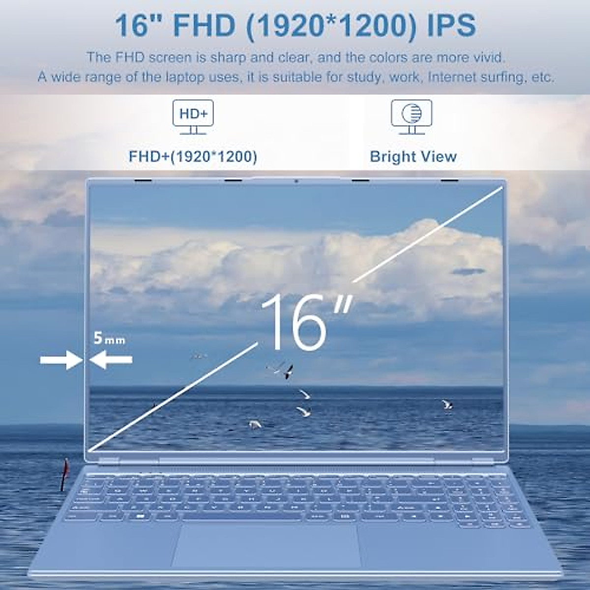 Ruzava 16" Laptop 12+512GB Celeron N5095 (Up to 2.9Ghz) 4-Core Win 11 PC with Cooling Fan 1920 * 1200 2K Screen Dual WiFi Support 2.5" HDD 1TB SSD Expand for Business Study-Blue