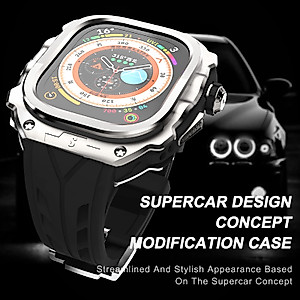 Luxury Metal Case for Apple Watch Ultra 1/2 49mm Band with Cover Heavy Duty Rugged Case Silicon Strap for men Full Protective Cover (Silver Knight)