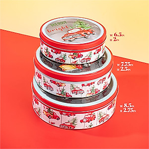 Plum Designs 3 Christmas Cookie Tins- Round Christmas Cookie Tins with Lids for Gift Giving, Christmas Tins Holiday Cookie Boxes, Christmas Tins for Cookies and Gifts (3ct Round Christmas Tins)