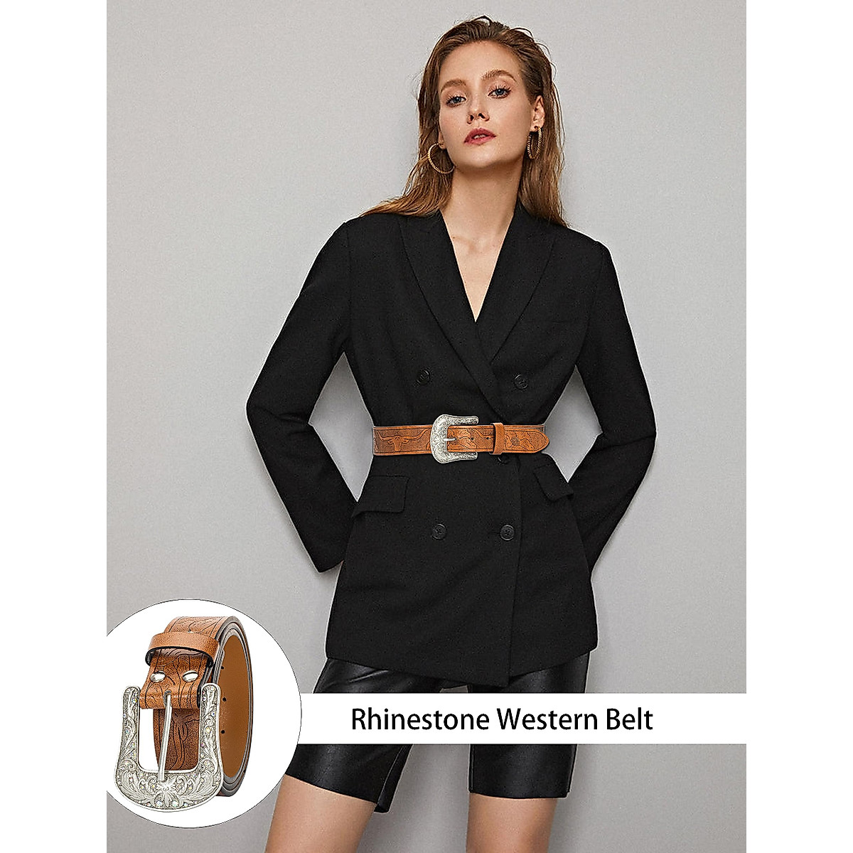 XuoAz Women Vintage-Western PU Leather Rhinestone-Buckle-Belt Cowgirl Bling-Diamond Country Waist Belts(for 33" to 38" Waist)