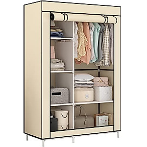 Calmootey Closet Storage Organizer,Portable Wardrobe with 6 Shelves and Clothes Rod,Non-Woven Fabric Cover with 4 Side Pockets,Beige