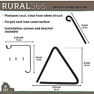 Rural365 Triangle Dinner Bell, 8in - Cast Iron Dinner Bell, Dinner Triangle Bell Forged Metal Triangle for Outside