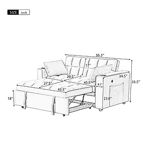 Multi-Functional Futon Loveseat Pull Out Couch , Velvet Upholstery Convertible Sleeper Sofa Bed with Cupholders and USB Ports , 2 Seater Love Seat Lounge Chaise w/ Adjustable Backrest RV Furniture